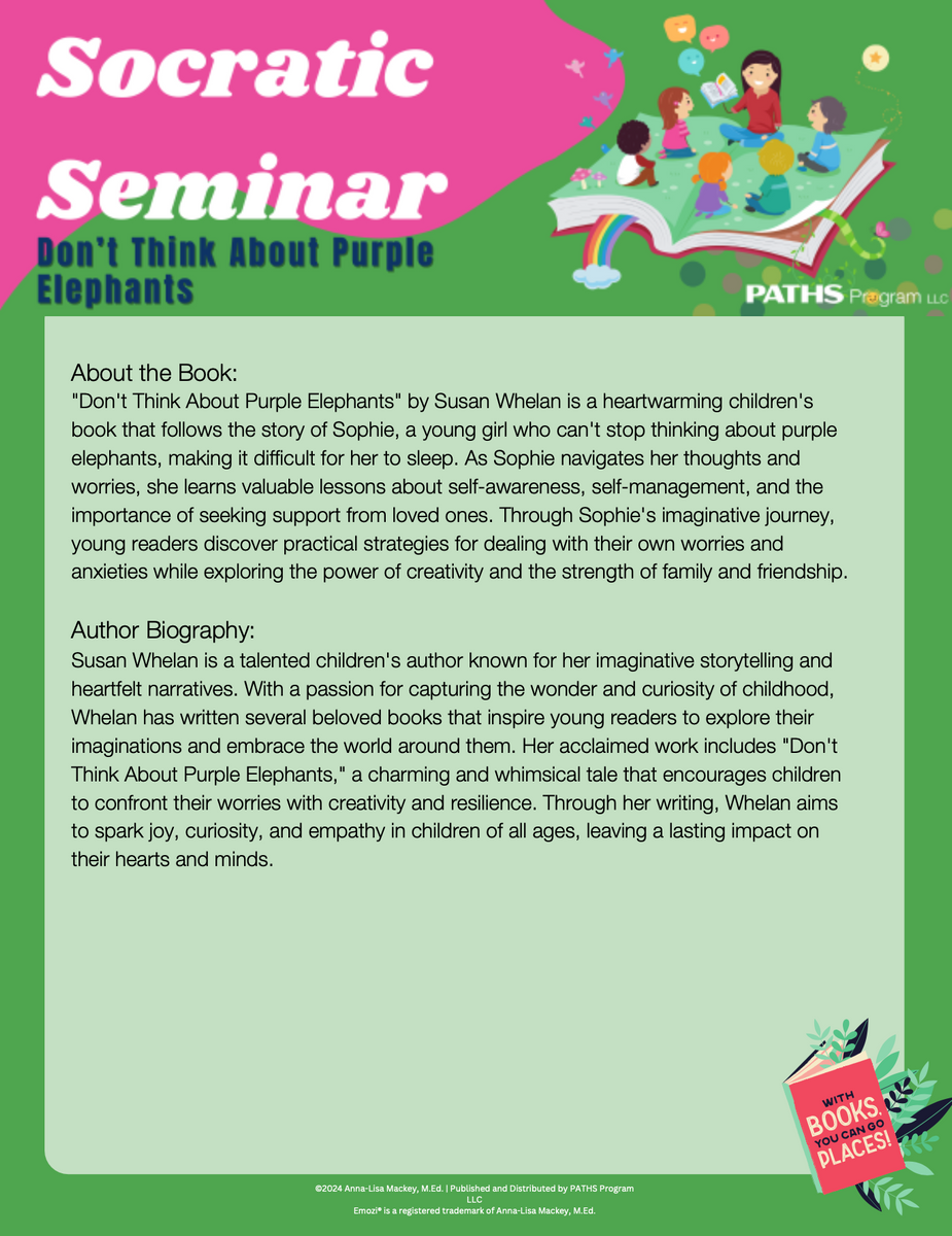 Elementary Socratic Seminar - 1 book - "Don't Think About Purple Eleph ...